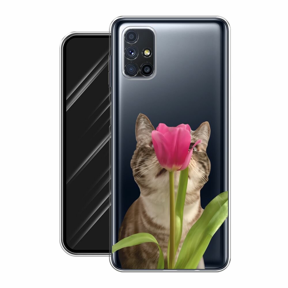 Чехол на Samsung Galaxy M51 / Самсунг Галакси М51 с принтом "Кот с тюльпаном - 8 марта", прозрачный — фото 1