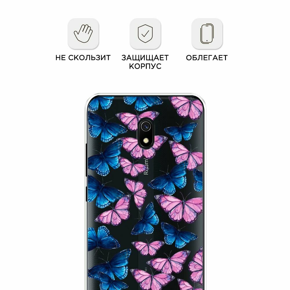 Чехол на Xiaomi Redmi 8A / Сяоми Редми 8А с принтом Розовые и голубые бабочки, прозрачный — фото 1