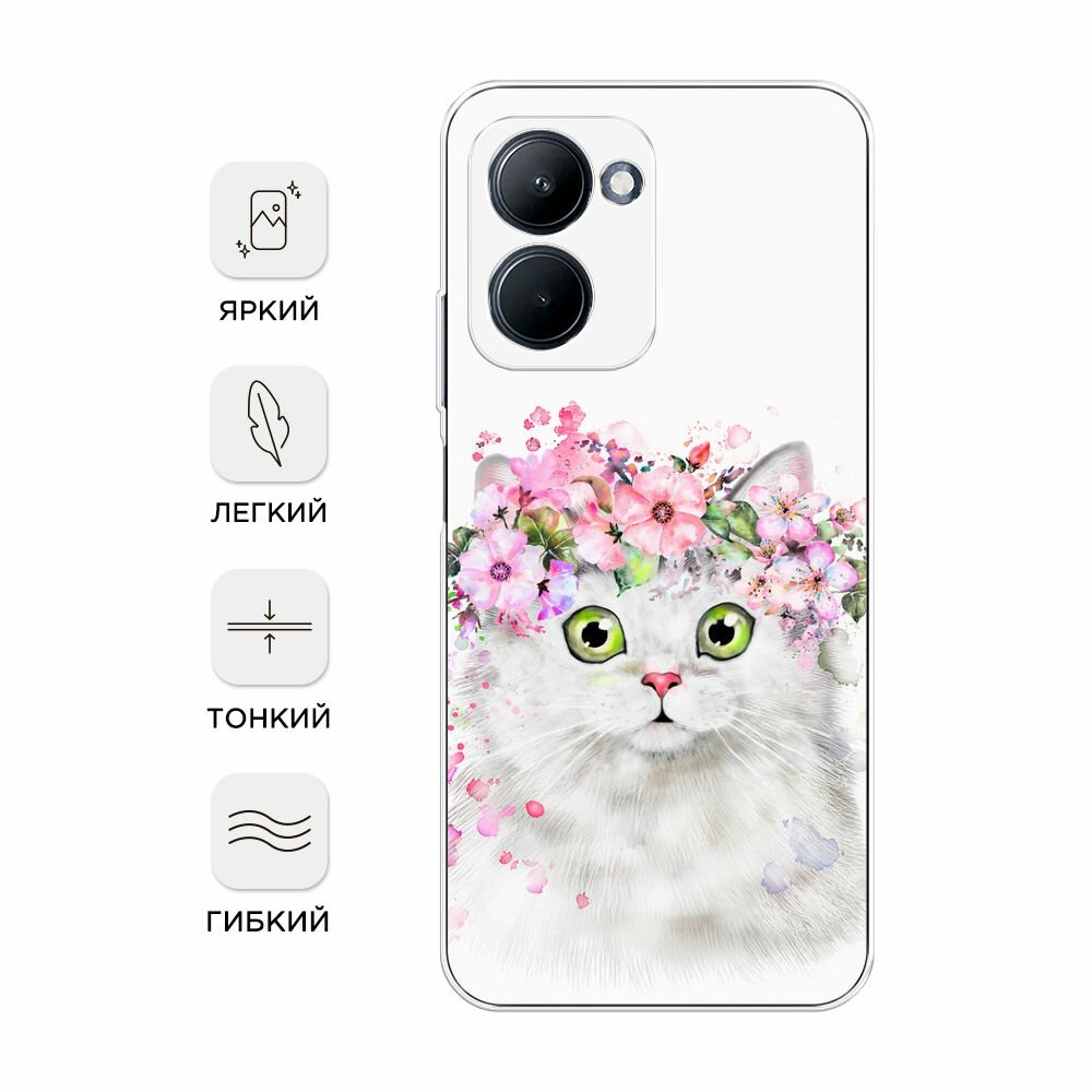 Чехол на Realme C33 / Реалми С33 с принтом Белая кошка с цветами — фото 1