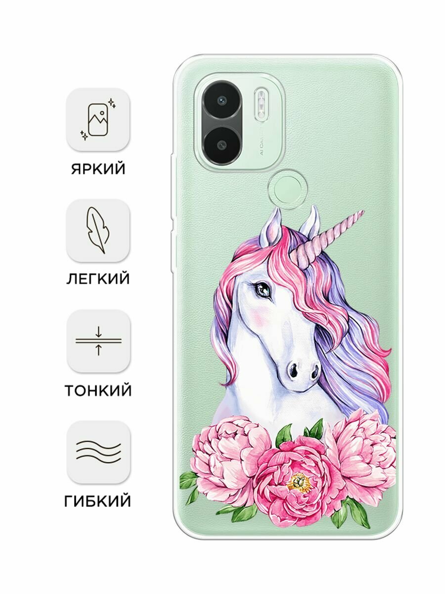 Чехол на Xiaomi Redmi A1+/Redmi A2+/Poco C51/C50 / Редми A1+ с принтом "Единорог с пионами", прозрачный — фото 1