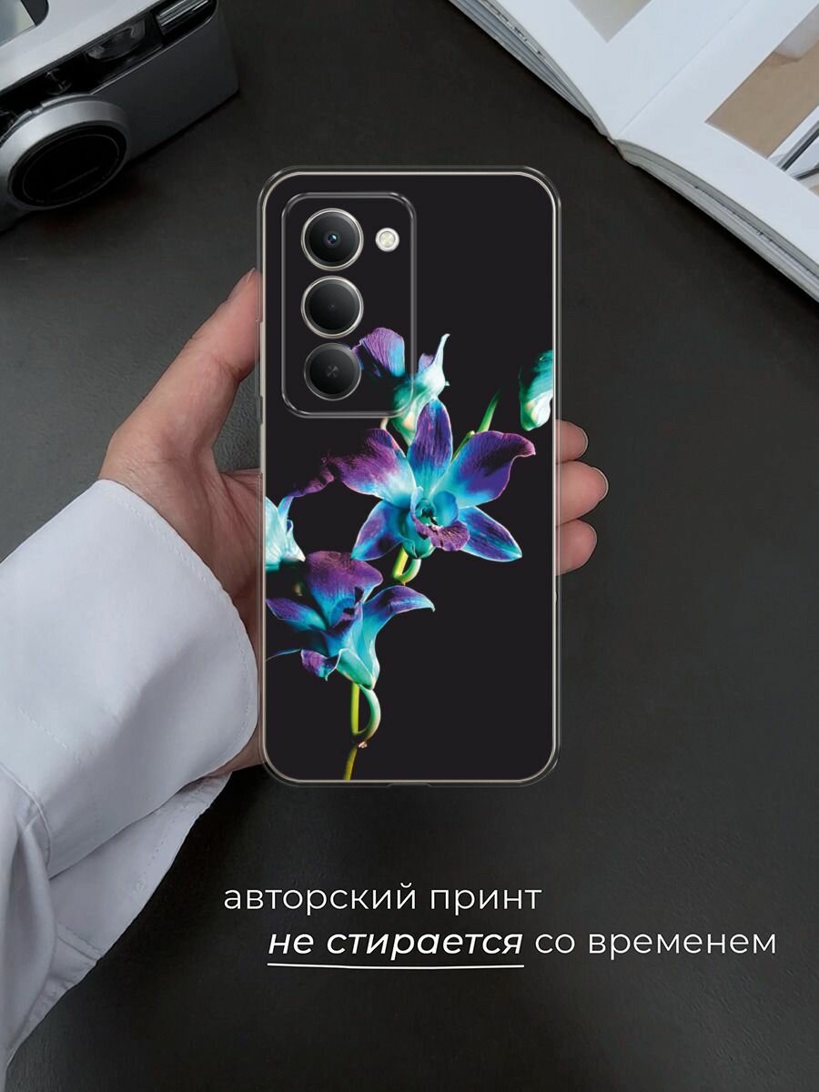 Чехол на Xiaomi Redmi 15 / Сяоми Редми 15 с принтом "Синий цветок на черном" — фото 1