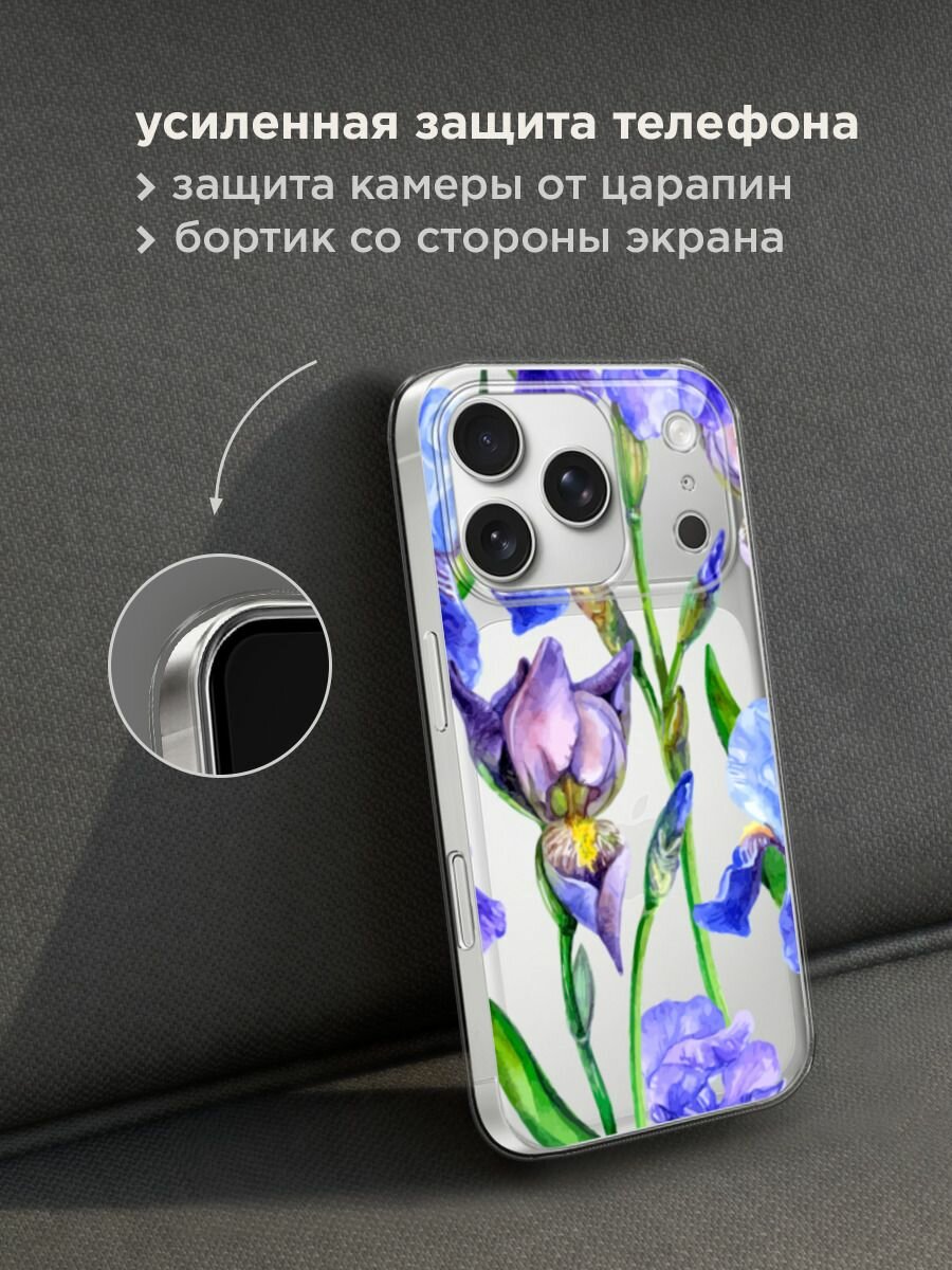 Чехол на Apple iPhone 17 Pro / Айфон 17 Про с принтом "Синие ирисы", прозрачный — фото 1