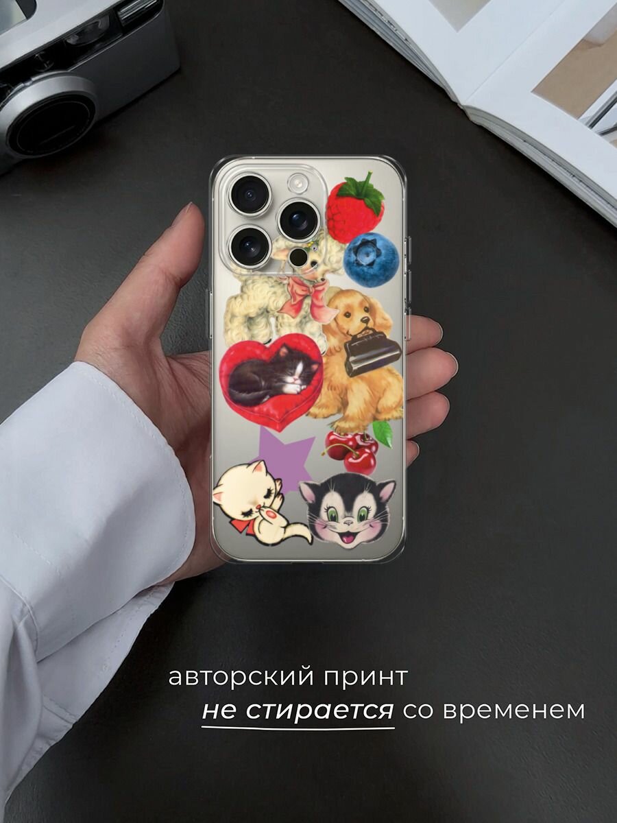 Чехол на Apple iPhone 16 Pro / Айфон 16 Про с принтом "Милые стикеры", прозрачный — фото 1