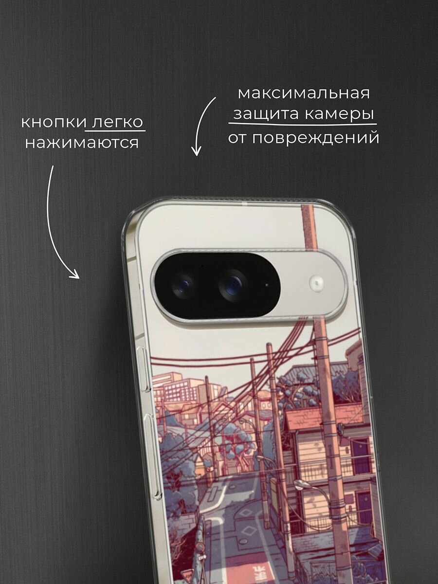 Чехол на Google Pixel 9 / Гугл Пиксель 9 с принтом "Закат на японской улице", прозрачный — фото 1