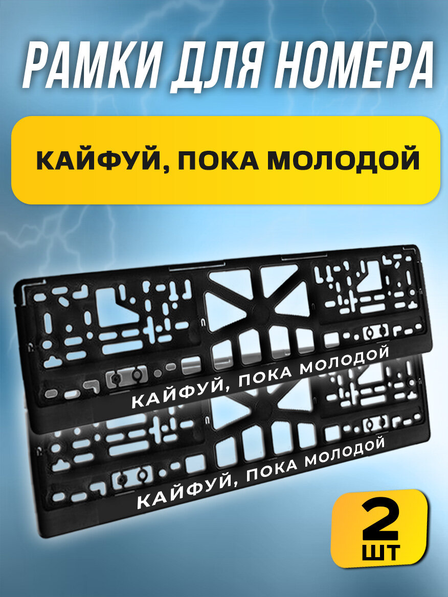 Номерные рамки - Кайфуй, пока молодой , пластик, УФ-печать, черные, 52см, 2шт