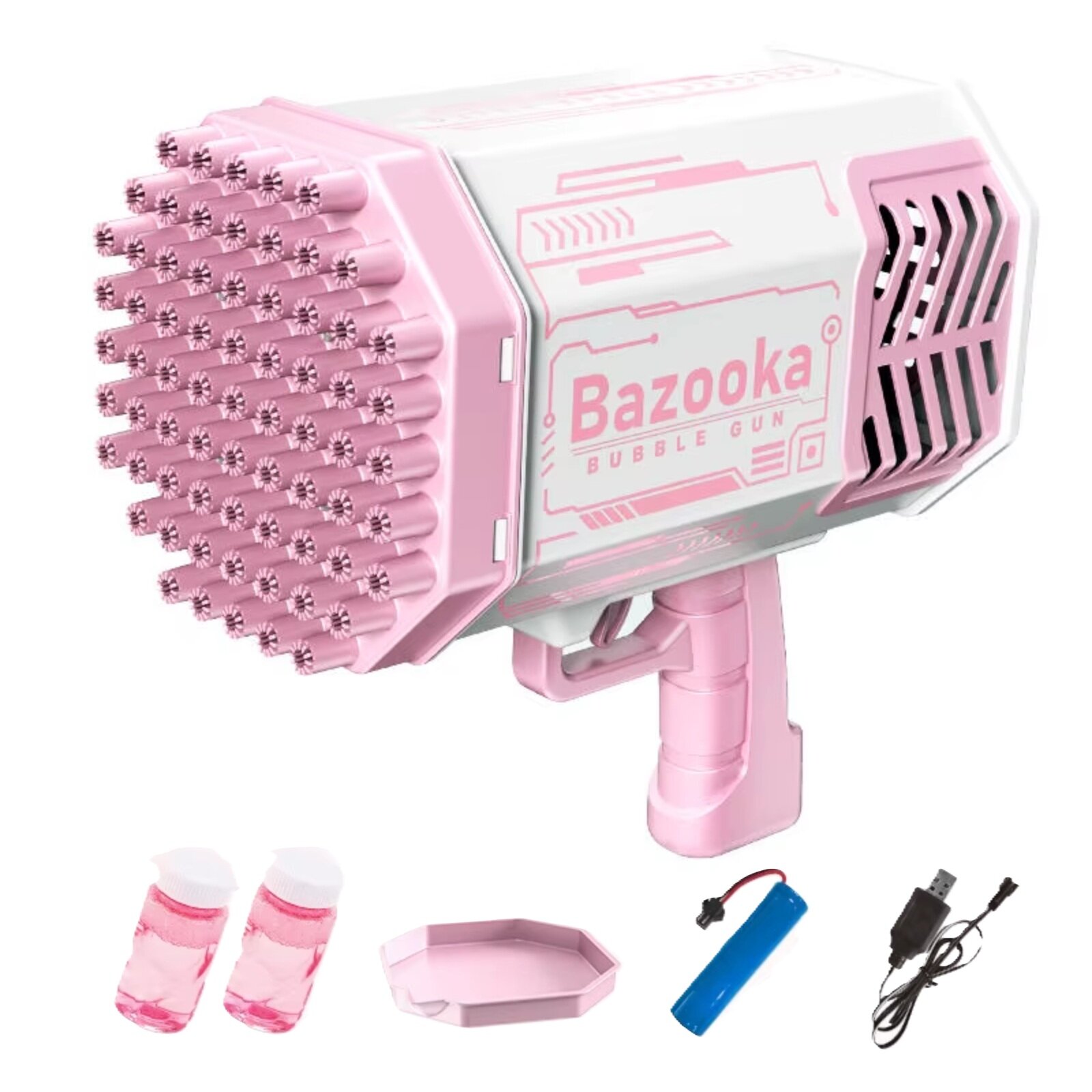 69 дырчатый гатлинговый пузырьковый аппарат (розовый), размеры 24см × 24см × 14см, с подносом, двумя бутылками пузырьковой воды, литий-ионным аккумулятором и кабелем для зарядки