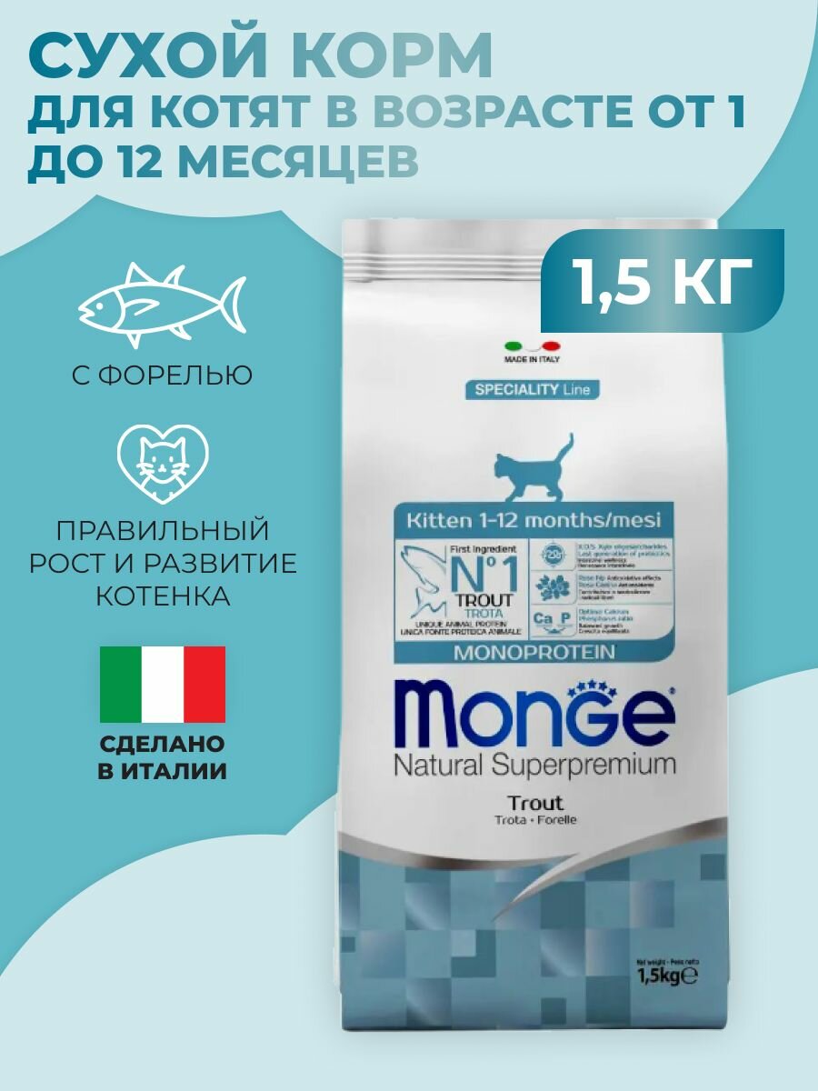 Monge Monoprotein Kitten Trout Сухой корм для котят, с форелью, 1,5 кг