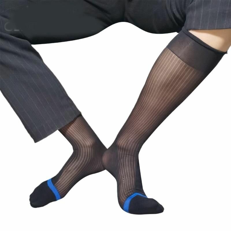 Мужские нейлоновые вечерние чулки в тонкую полоску -синие линии и черные тонкие полоски