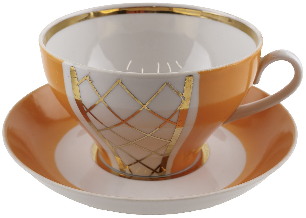 Чайная пара "Золотая сетка", фарфор, винтаж, Дулево, СССР, 1968-1991 гг.