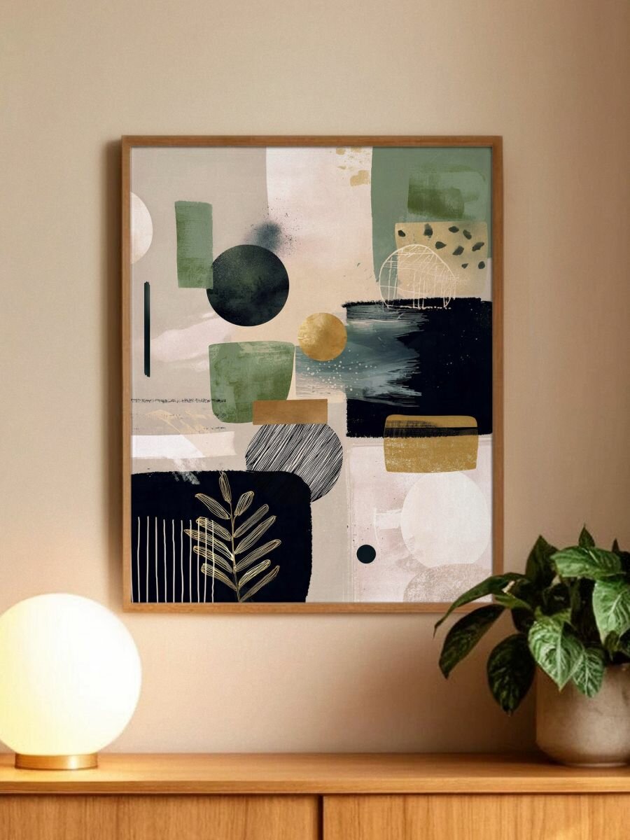 Постер на стену 40х50 см Абстракция 35, без рамы, абстрактная живопись для интерьера, зеленый постер на стену