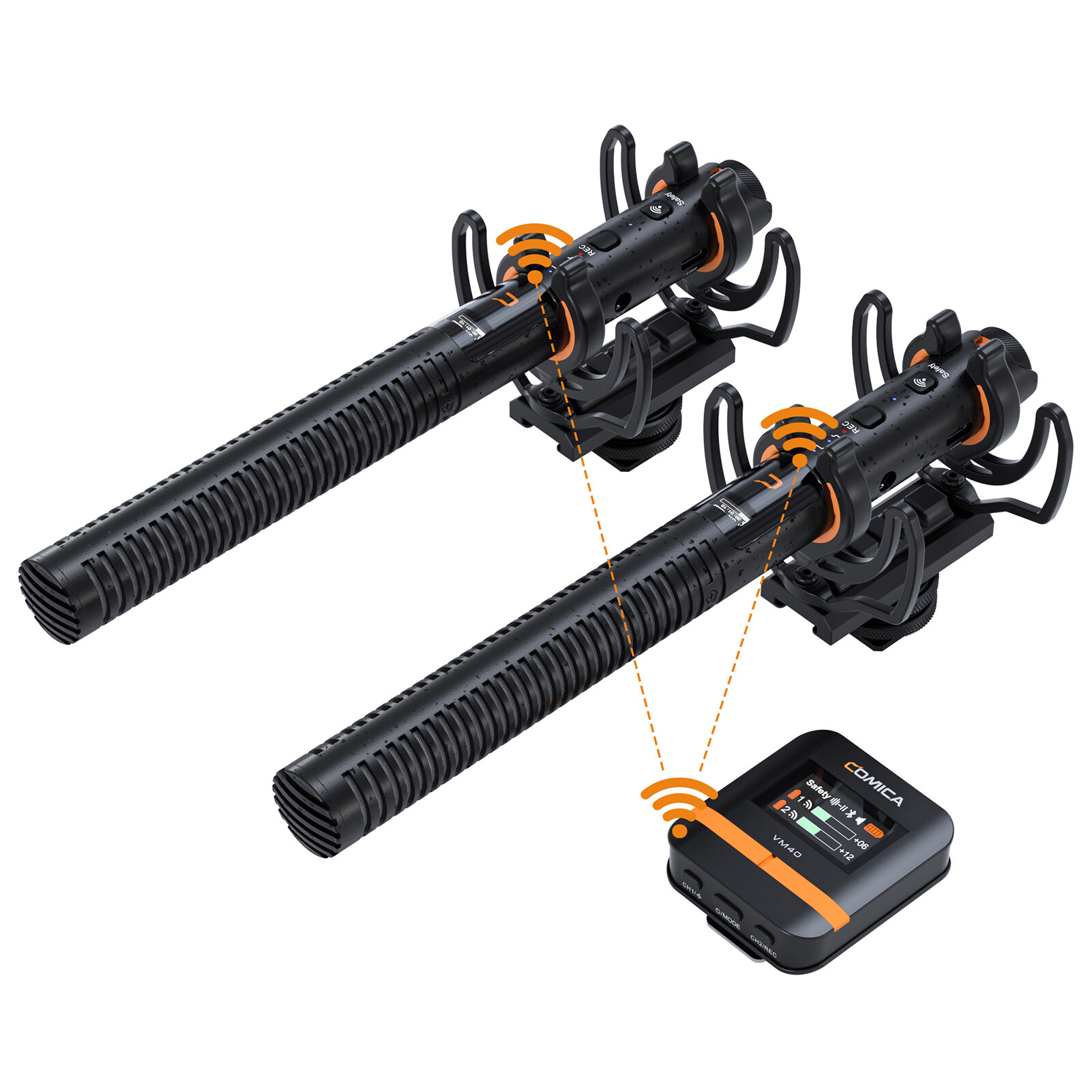 COMICA VM40 COMBO One-Trigger-Two 2.4G Беспроводной Микрофон 48K/32bit Двухканальный Супер-Кардиоидный Микрофон Дальность Передачи 200М Управление через APP Встроенная Память 32GB и Аккумулятор для Камеры Смартфона ПК Видео Интервью Лайв Стриминг