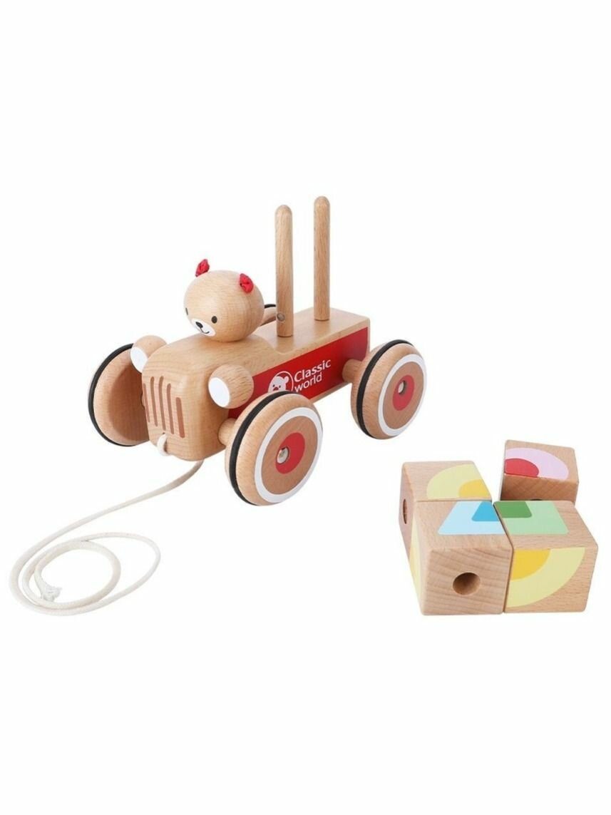 CLASSIC WORLD Каталка-машинка на веревочке деревянная игрушка Мишка с кубиками для детей от 1 года