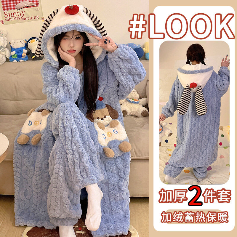 Женский халат из кораллового флиса, зимний утолщенный флис, новый стиль, милый фланелевый комплект домашней одежды, размер：S-L