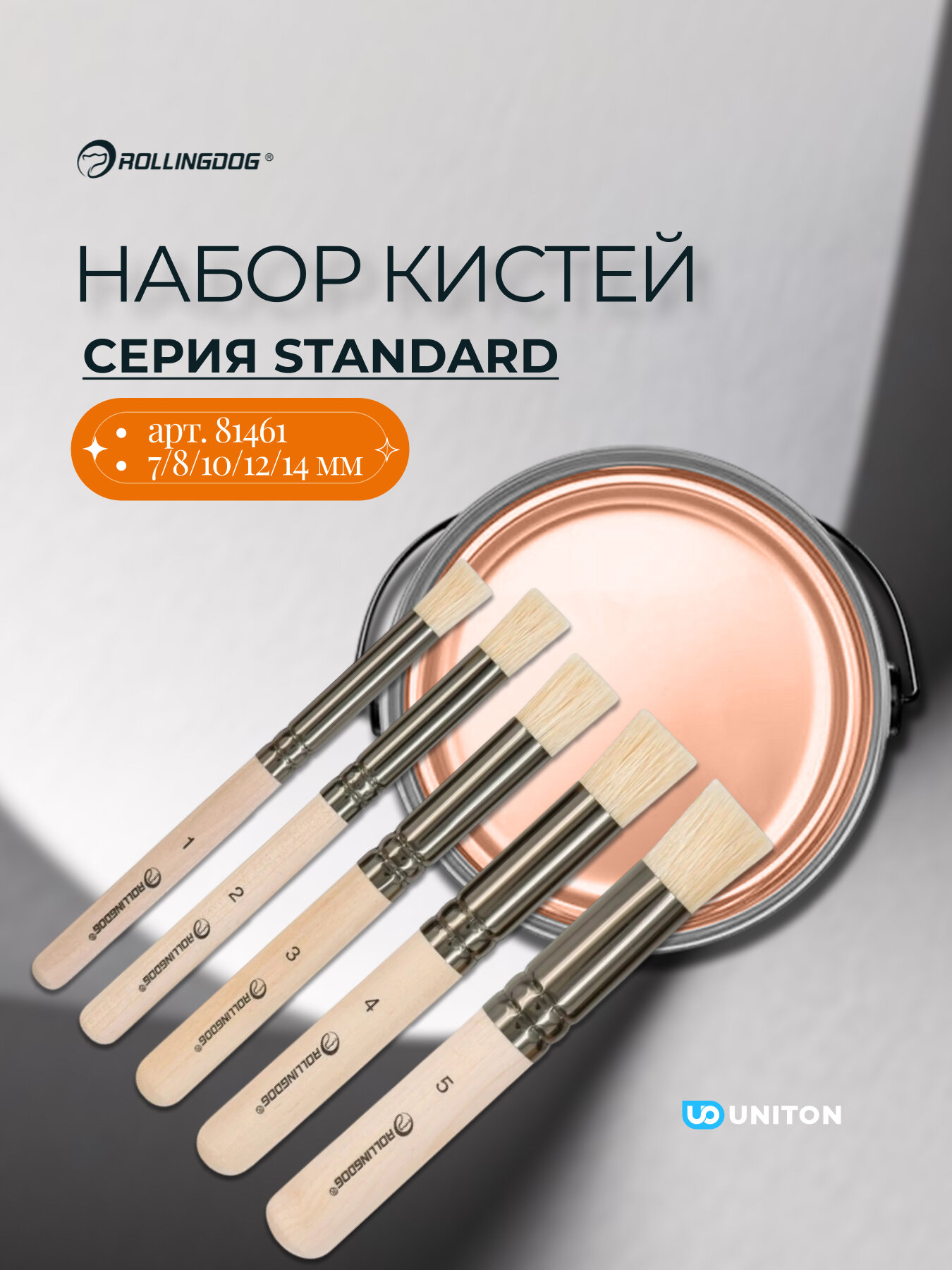 Набор кистей Rollingdog Design 7/8/10/12/14мм, 5шт, натуральная щетина, серия Professional, арт.81461