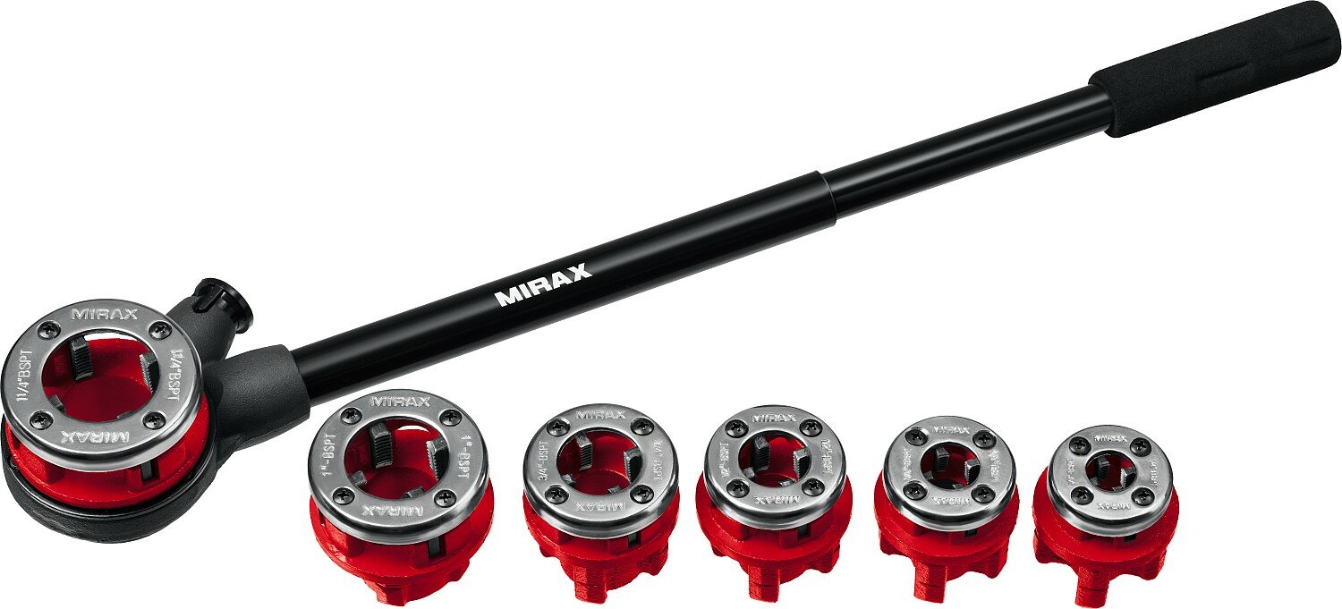 MIRAX набор клуппов с трещоткой №6 для нарезания трубной конической резьбы (28240-H6)