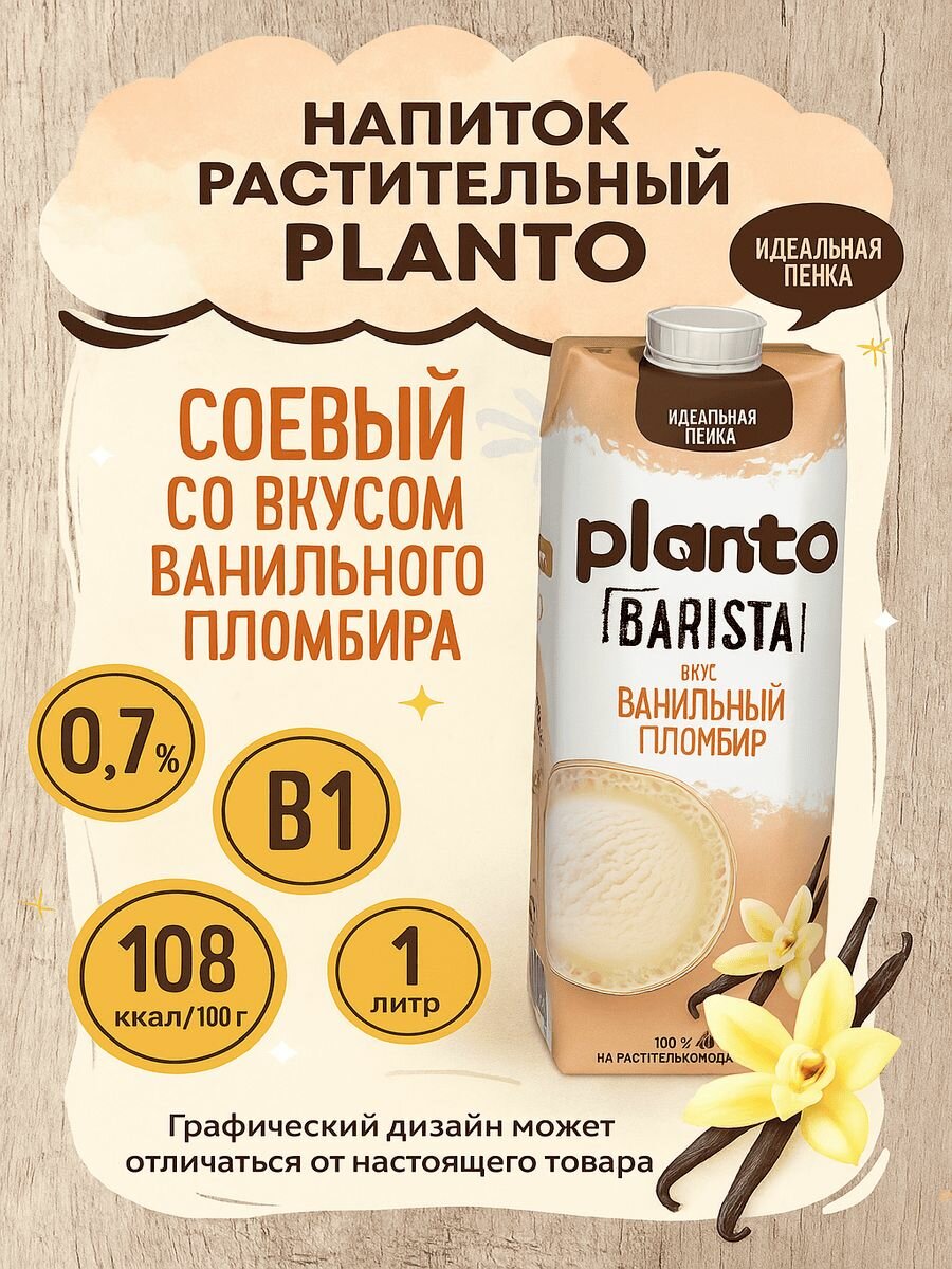 Напиток растительный PLANTO Соевый со вкусом ванильного пломбира 0,7%, 1л