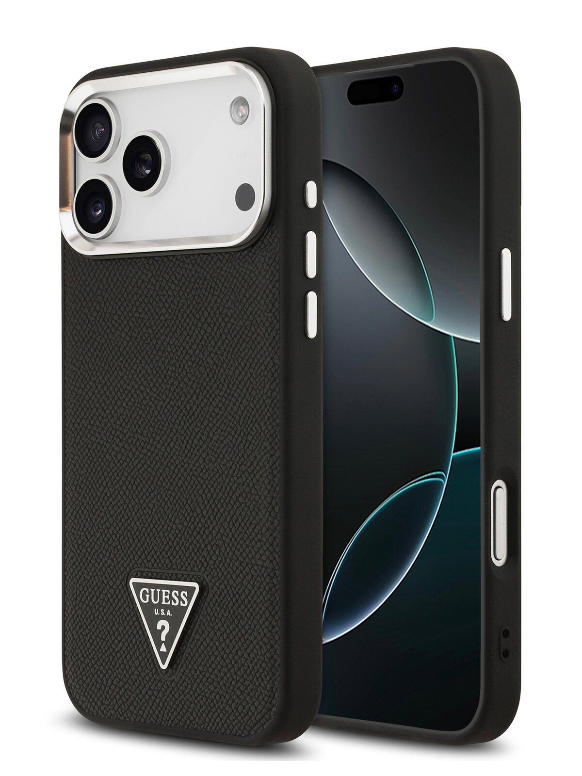 Guess чехол с MagSafe для iPhone 17 Pro Max, зернистая кожа PU Triangle metal logo & Camera, черный