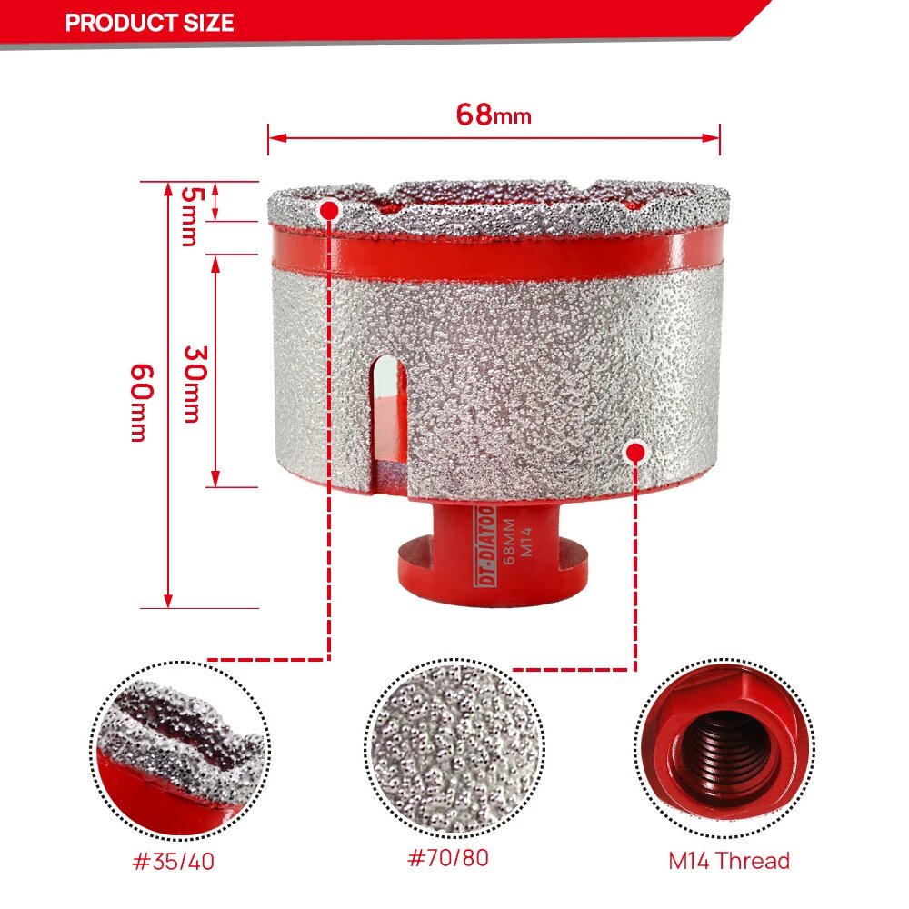 DT-DIATOOL Колонковое буровое долото для сверления керамики 20-68 мм Dia 68mm