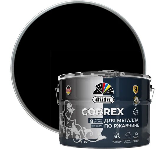 Dufa Грунт-эмаль по ржавчине гладкая Correx 3 в 1 RAL-9005 черный 10 л