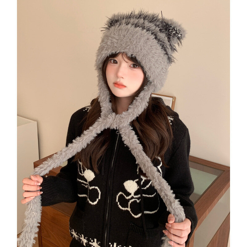 2025, стиль Хепберн, ранняя осень и зима, милая плюшевая вязаная шапка с бантом и кошачьими ушками, теплая японская стильная милая маленькая мордашка