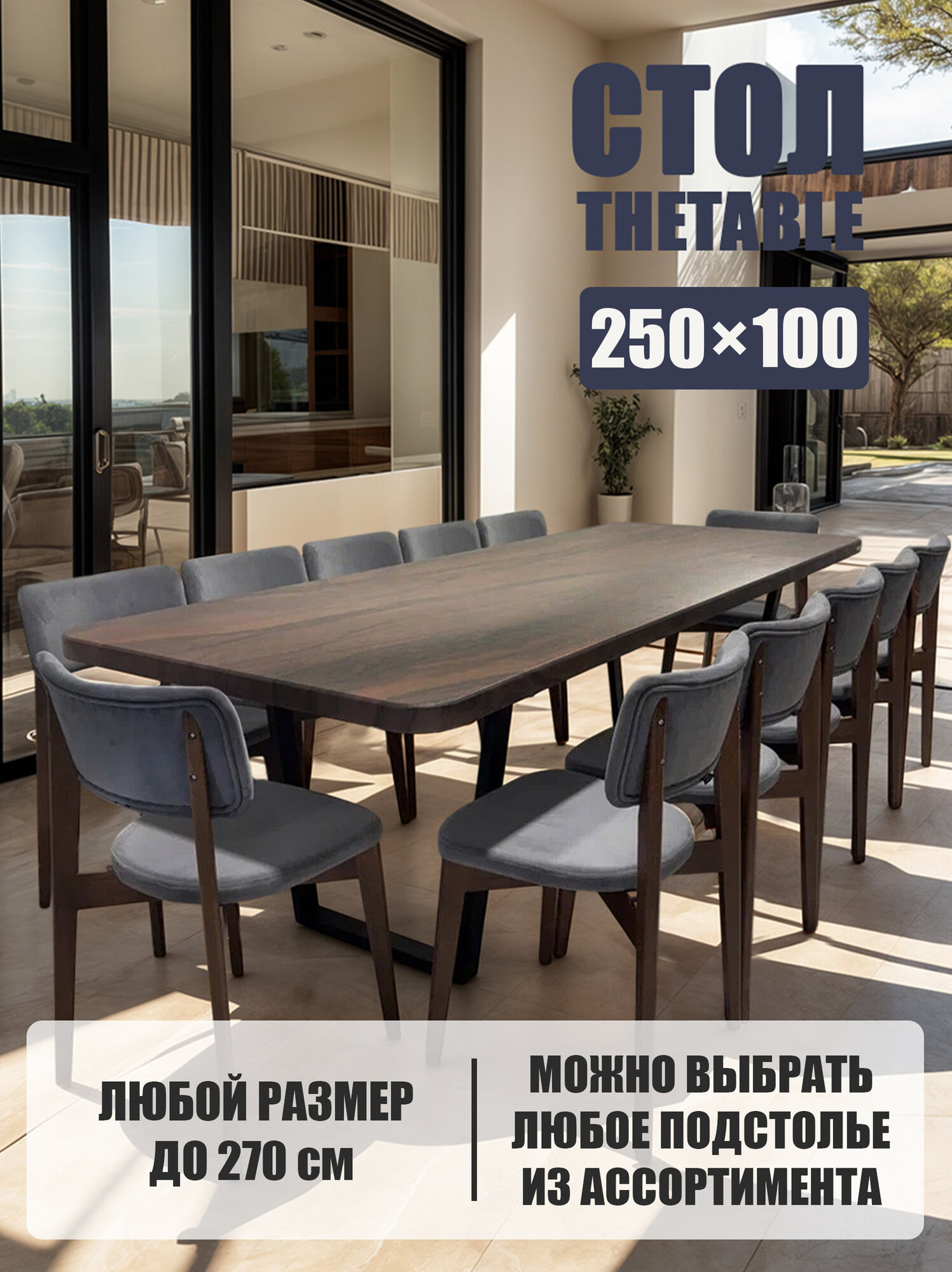 Стол кухонный обеденный прямоугольный дизайнерский лофт THETABLE 250х100 6.4/2.1