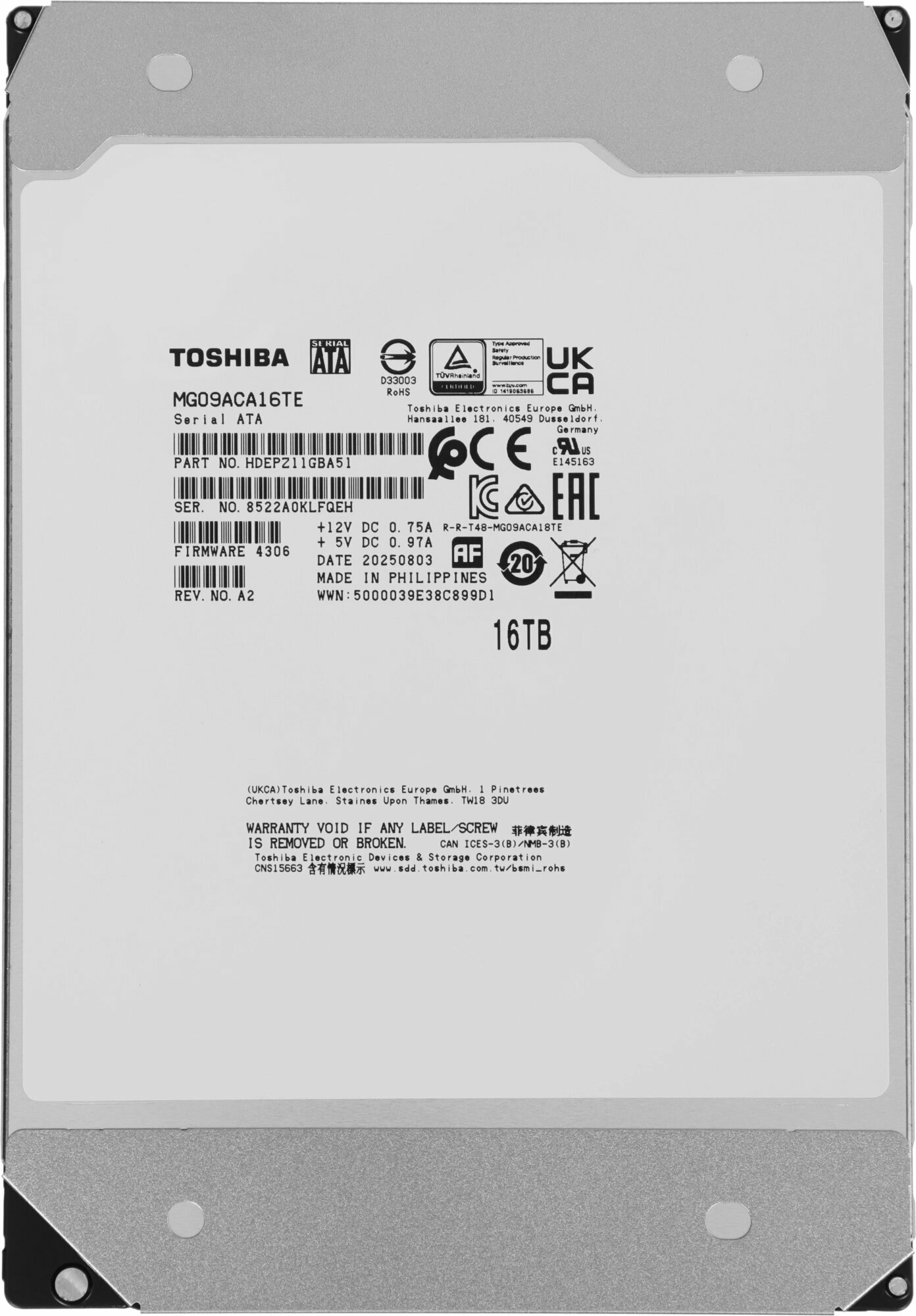 Жесткий диск Toshiba SATA-III 16TB MG09ACA16TE Server Enterprise Capacity 512E, 3.5"
