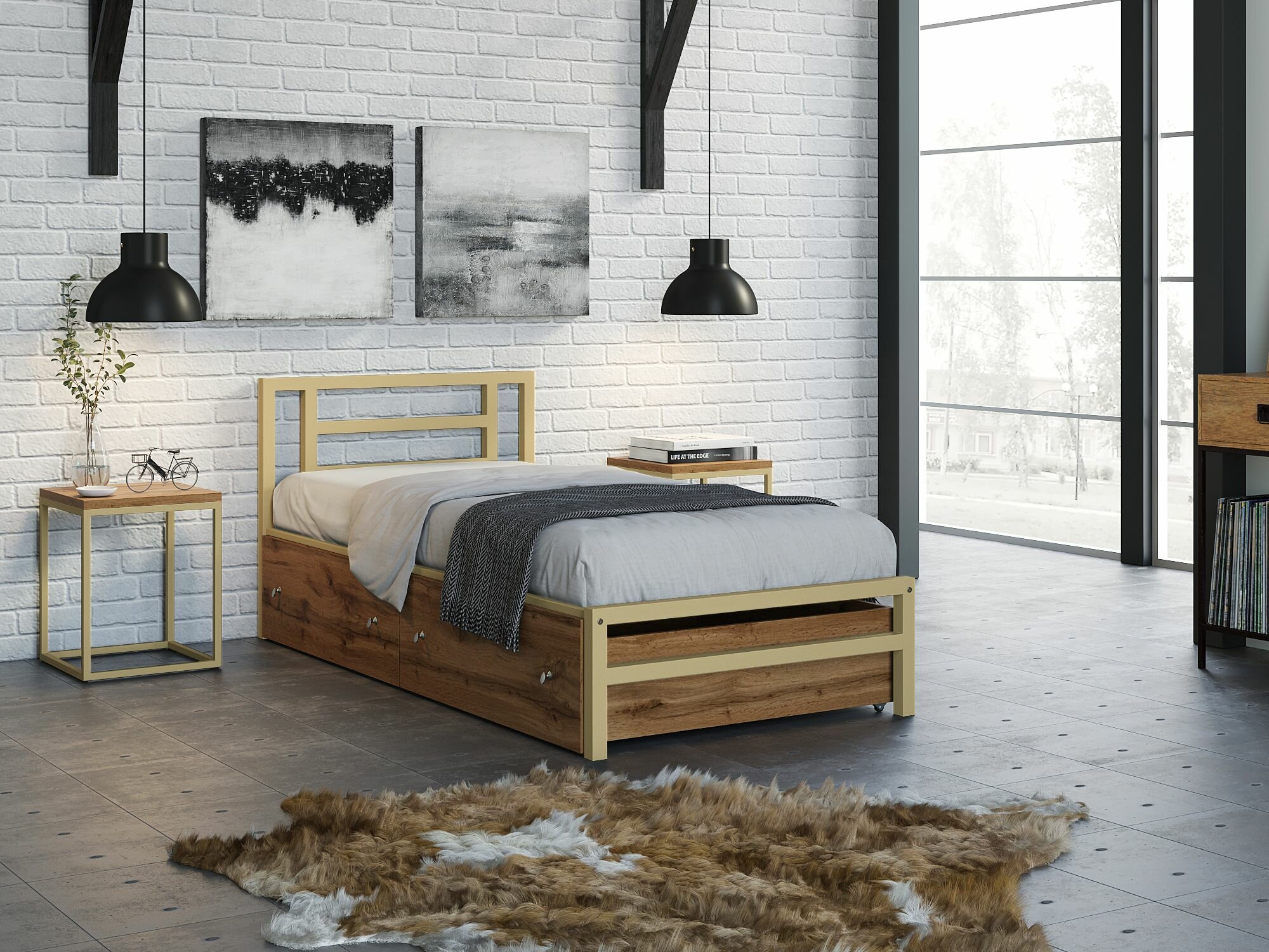 Односпальная кровать Титан 90 Слоновая кость ящики Дуб крафт табак