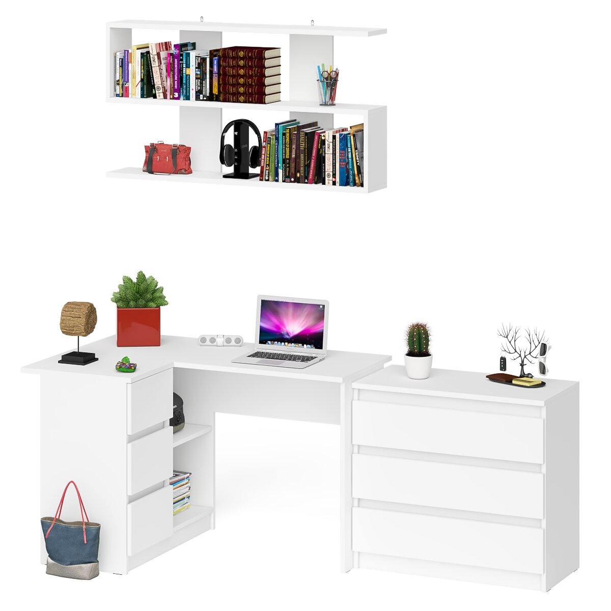 Комод на три ящика с компьютерным столом для работы Мори МС-16 левый и открытой полкой, белый, 204,8х84,9х209,6 см.