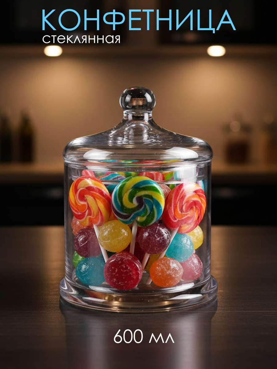 Конфетница из толстого стекла с крышкой 610ml, сахарница, ваза для конфет, банка для хранения, большая банка с крышкой