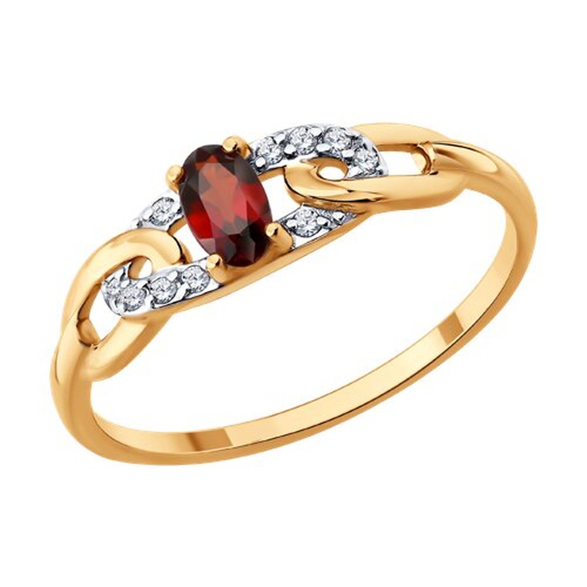 Кольцо, красное золото, 585 проба, фианит, гранат