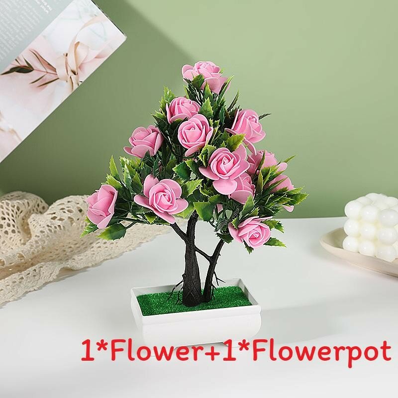 Realistic rose potted plant with soft pvc and plastic for event decor, pink