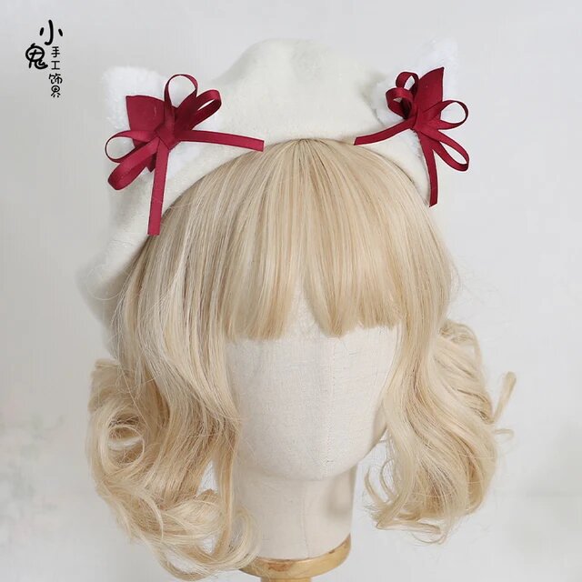 Женская шерстяная берета с бантом кошачьими ушками