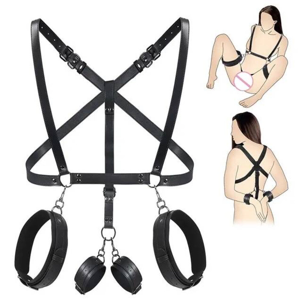 Комплект для связывания, бондажа и ограничения, кожаная перевязь для бедер, ремень на грудь за спиной, наручники, открытые ноги, фетиш раба SM, анальный крюк