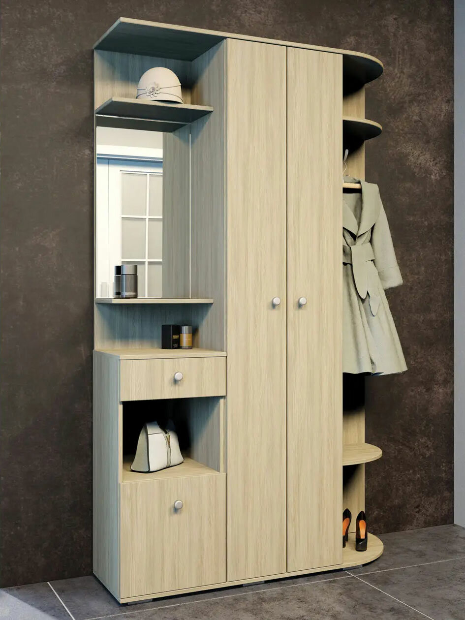 Прихожая комплект Виза со шкафом, с полками, с зеркалом, с вешалкой, 120х35х203 см, Ясень Шимо светлый