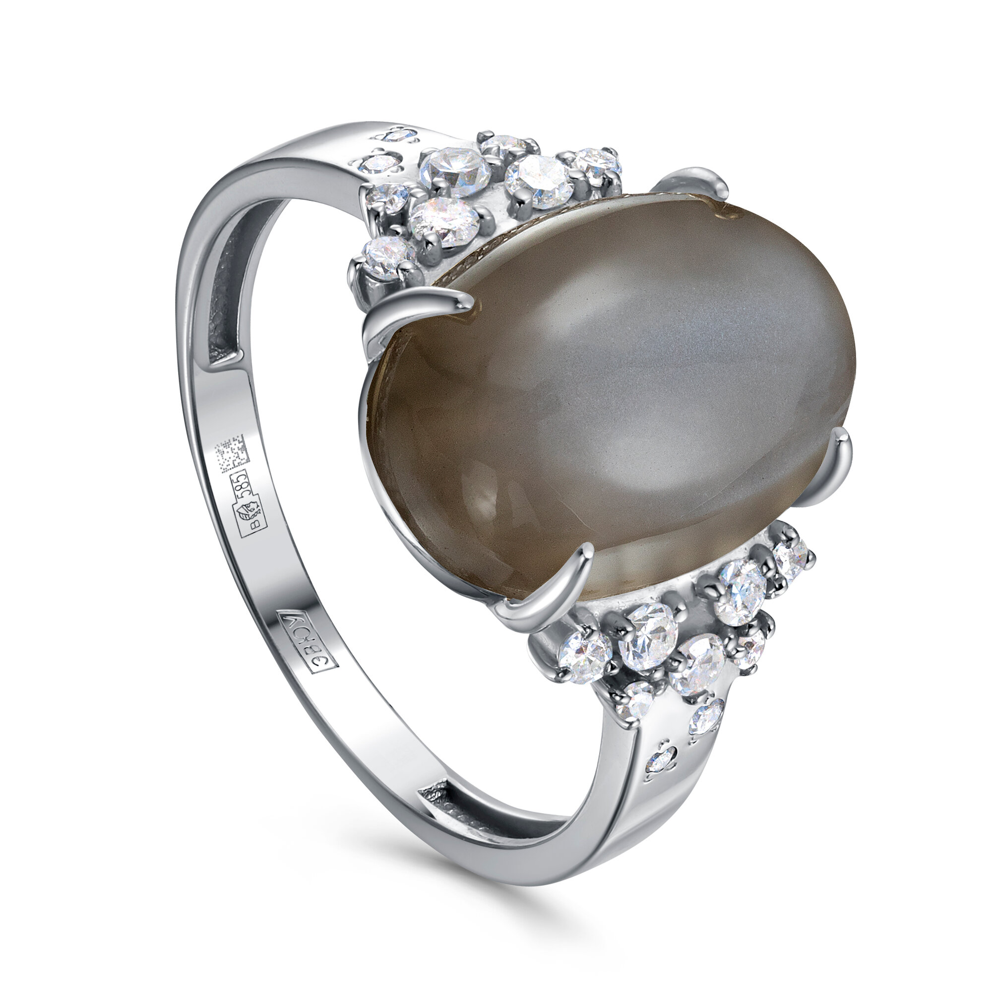 Кольцо, белое золото, 585 проба, лунный камень, бриллиант