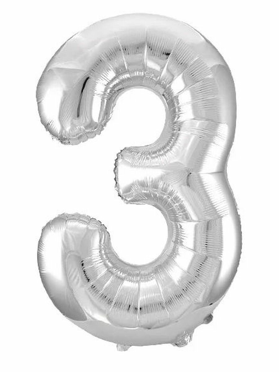 Воздушный шар с гелием цифра фольгированная серебряная три, на 3 годика, 1шт.