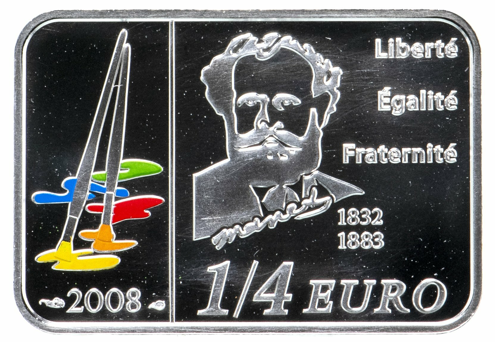 Франция 1/4 евро 25 евроцентов 2008 "Эдуард Мане", в футляре с сертификатом, Серебро 900, в сохранности Proof