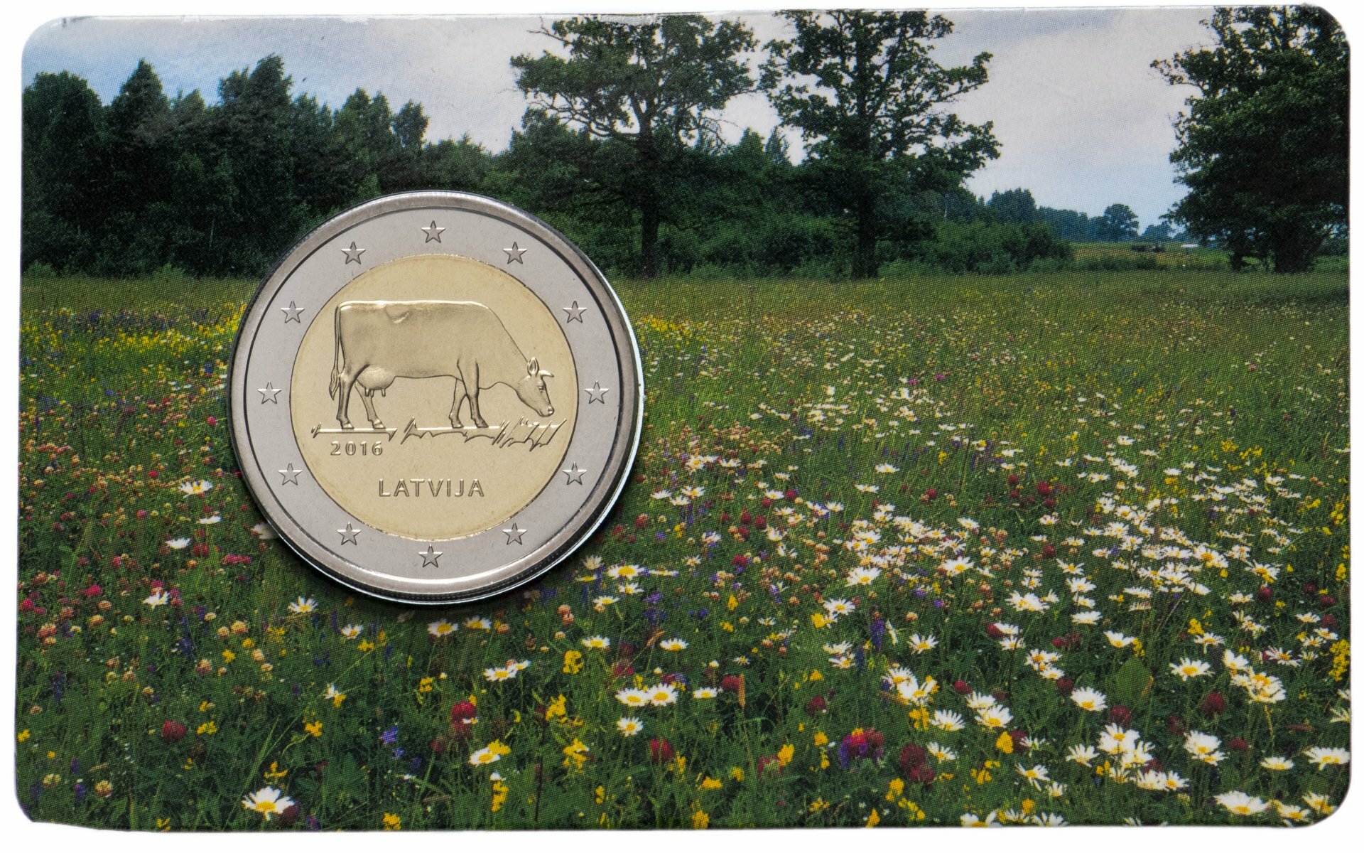 Латвия 2 евро 2016 "Корова" BU официальный блистер, Биметалл, в сохранности UNC