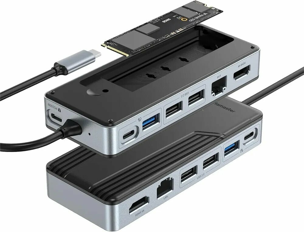 USB-C Hub 8 в 1 YYM28PR HDMI 4K@60Hz 10 Гбит/с Type-C USB3.2-A RJ45 USB 2.0, M.2NVMe/SATA двойной протокол PD 100Вт, Адаптер для ноутбука/MacBook/ПК