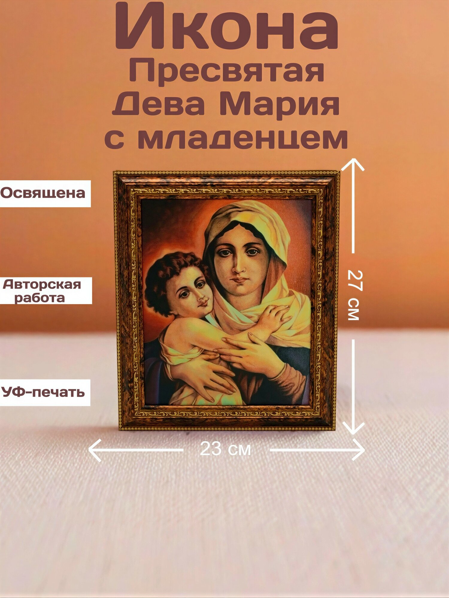 Икона "Пресвятая Дева Мария с младенцем", 23 см x 27 см, в багете, за ПЭТ стеклом, освящённая