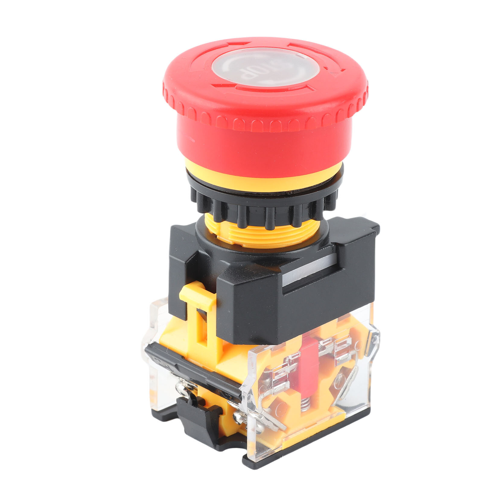 Красная самоблокирующаяся кнопка аварийной остановки диаметром 22 мм с большой грибовидной головкой.