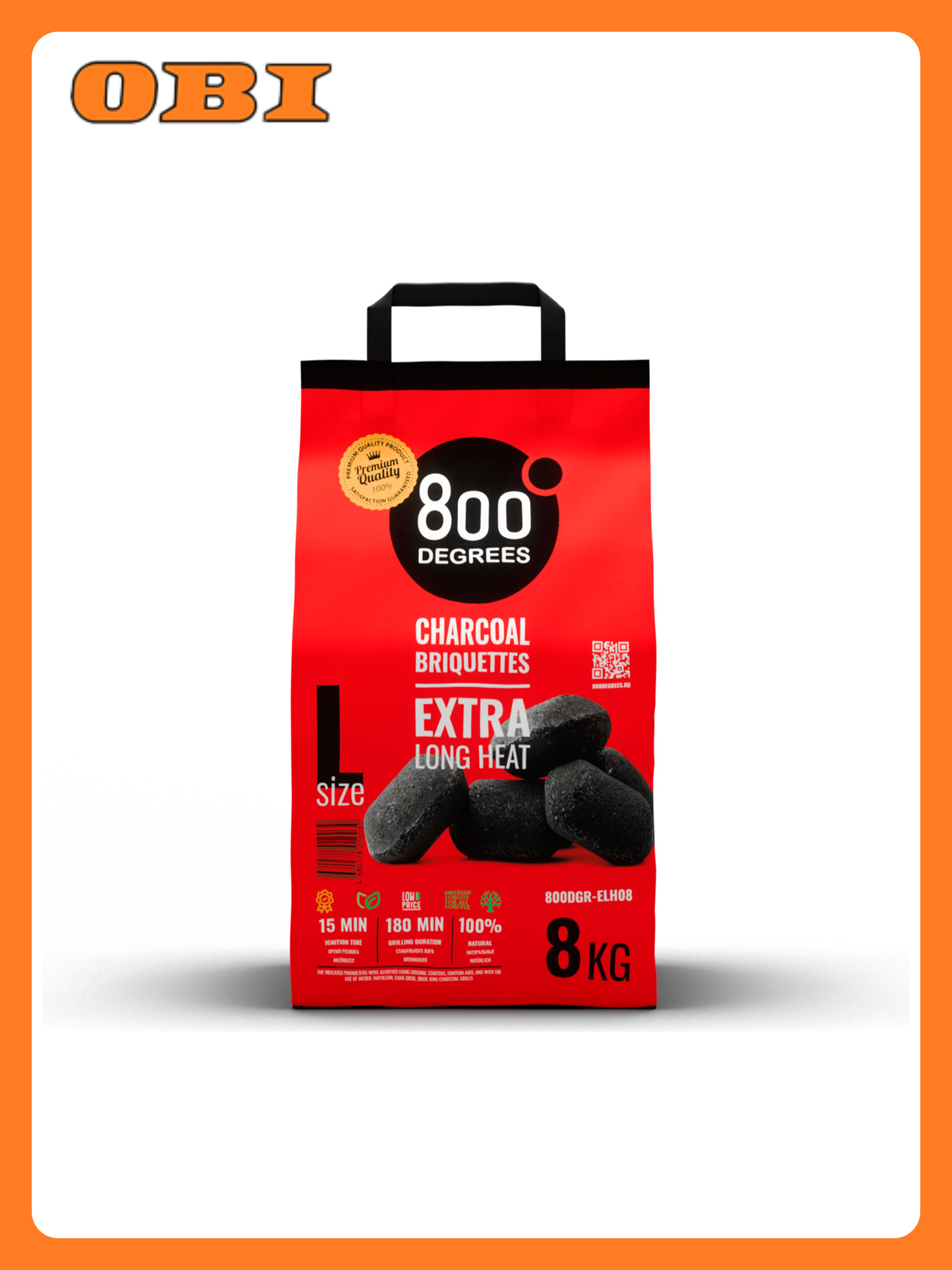 Уголь 800Degrees Extra Long Heat L, лиственница, для гриля, 8кг