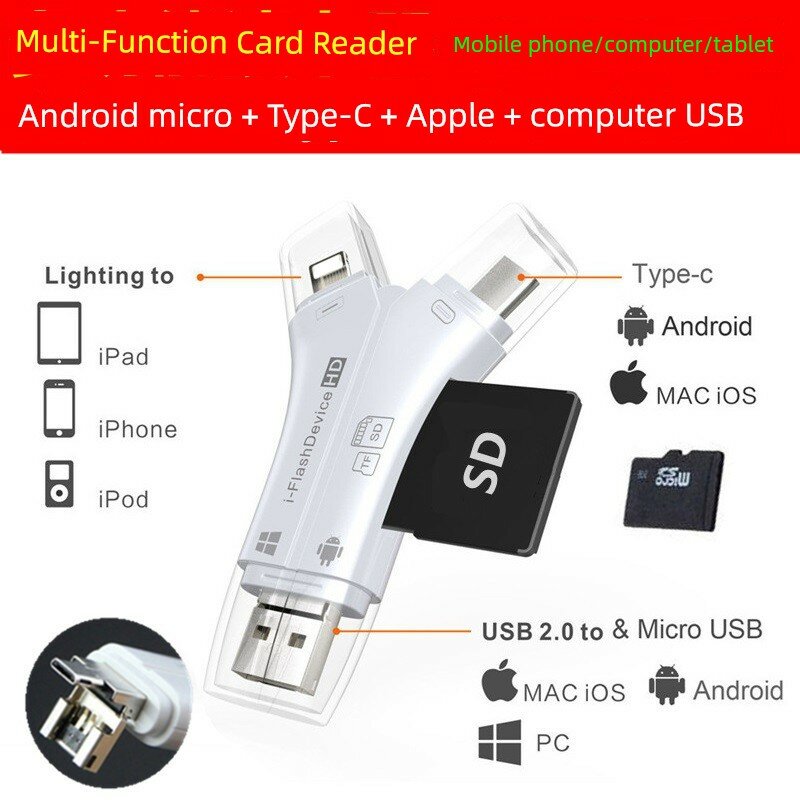 USB 2.0 OTG адаптер для карт памяти для iPhone iPad Android Белый 4 в 1 Type-A Micro-USB USB-C Lightning Поддержка