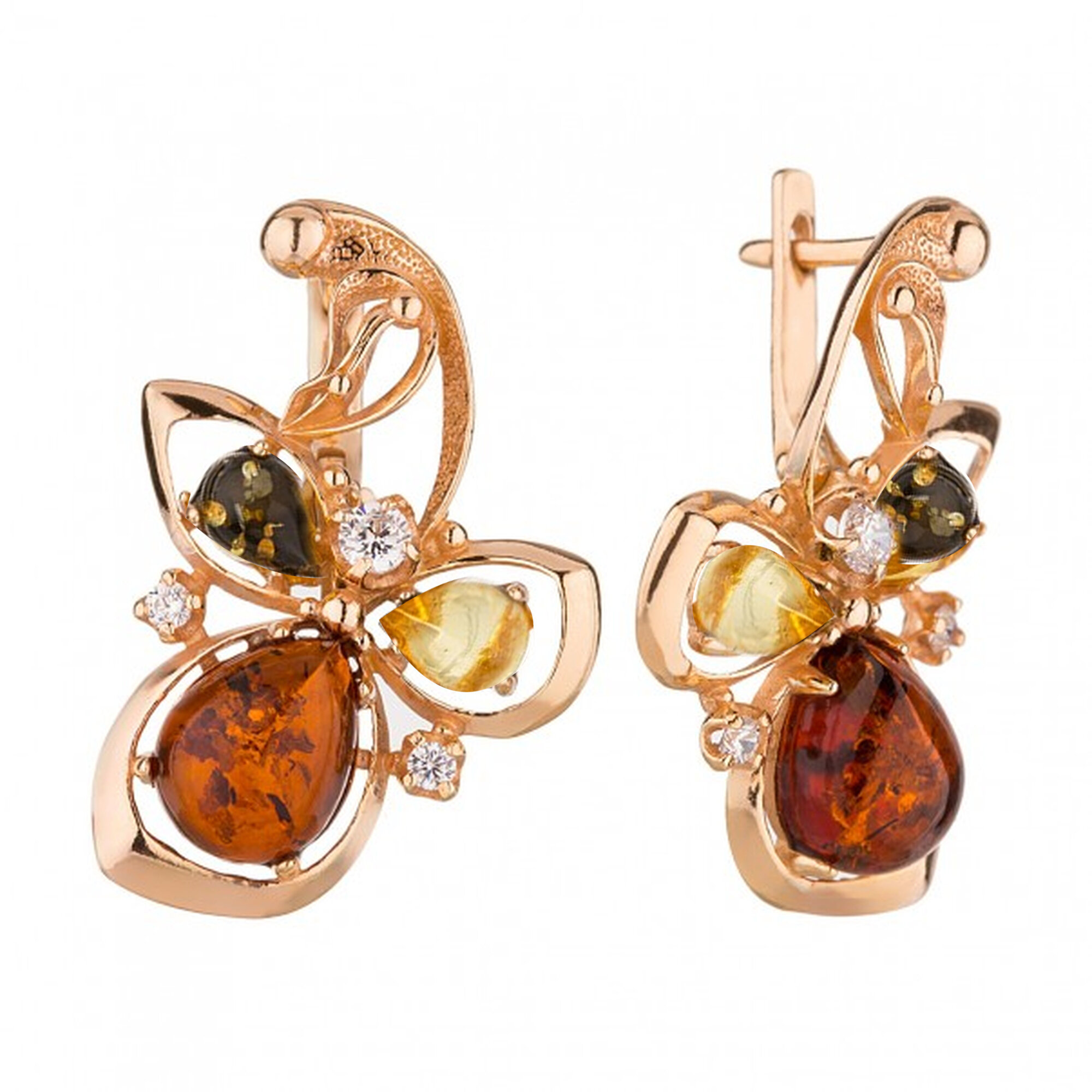 Серьги, серебро, 925 проба, золочение, фианит, янтарь