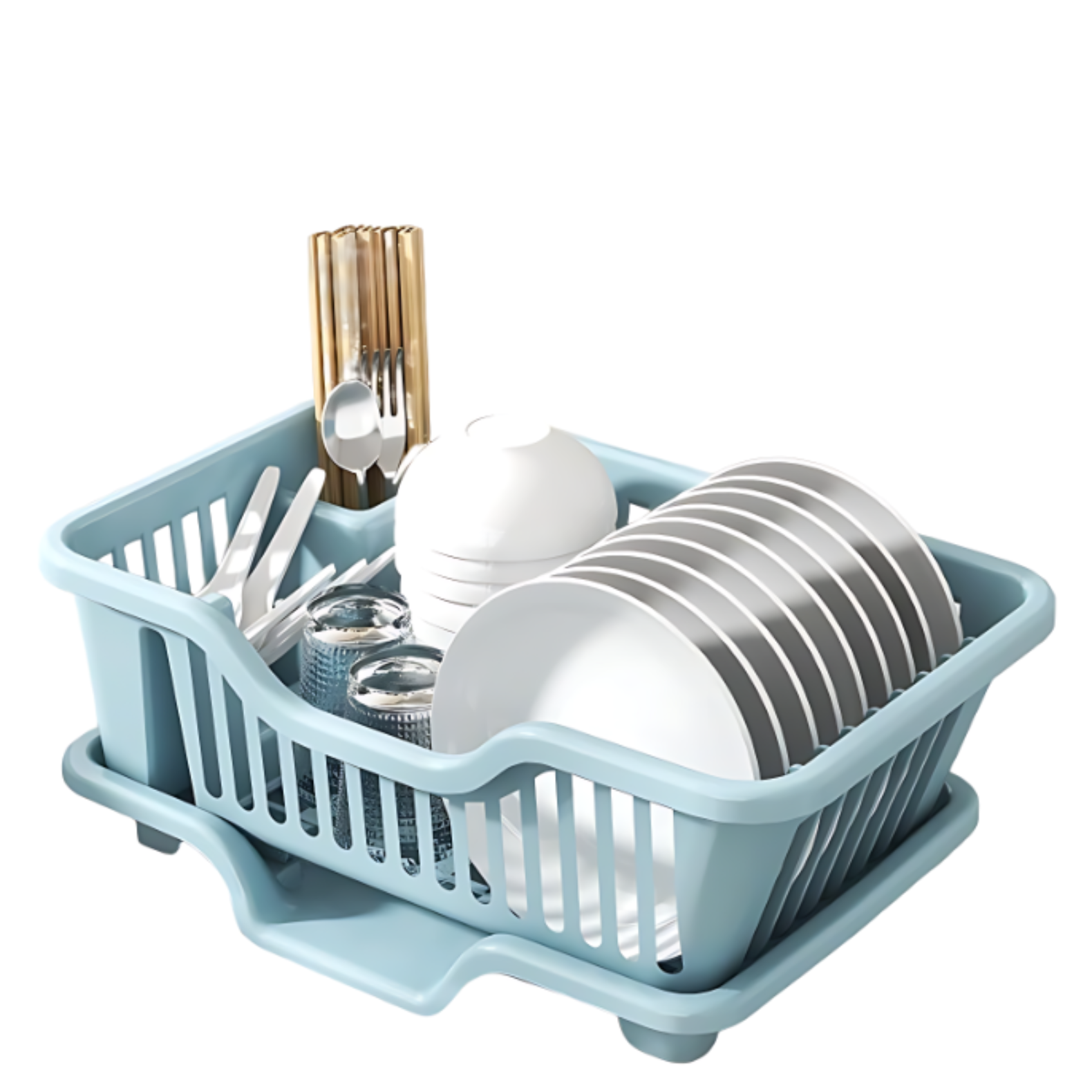 Стойка для посуды пластиковая с поддоном для стока, Стойка для сушки посуды на кухонном столе с держателем для кухонных принадлежностей, Синий (Сверх Толстый. - Светло Синий)