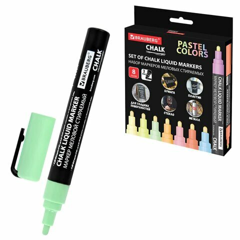 Маркеры меловые CHALK LIQUID MARKER, пастель набор 8 ЦВ, 3 мм, стираемые, BRAUBERG "CHALK", 152598