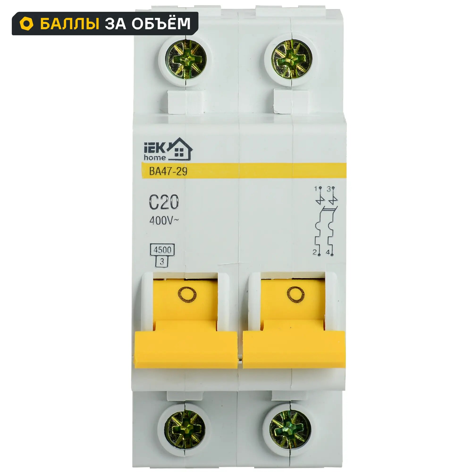 Автоматический выключатель IEK ВА47-29 2P N C20 А 4.5 кА