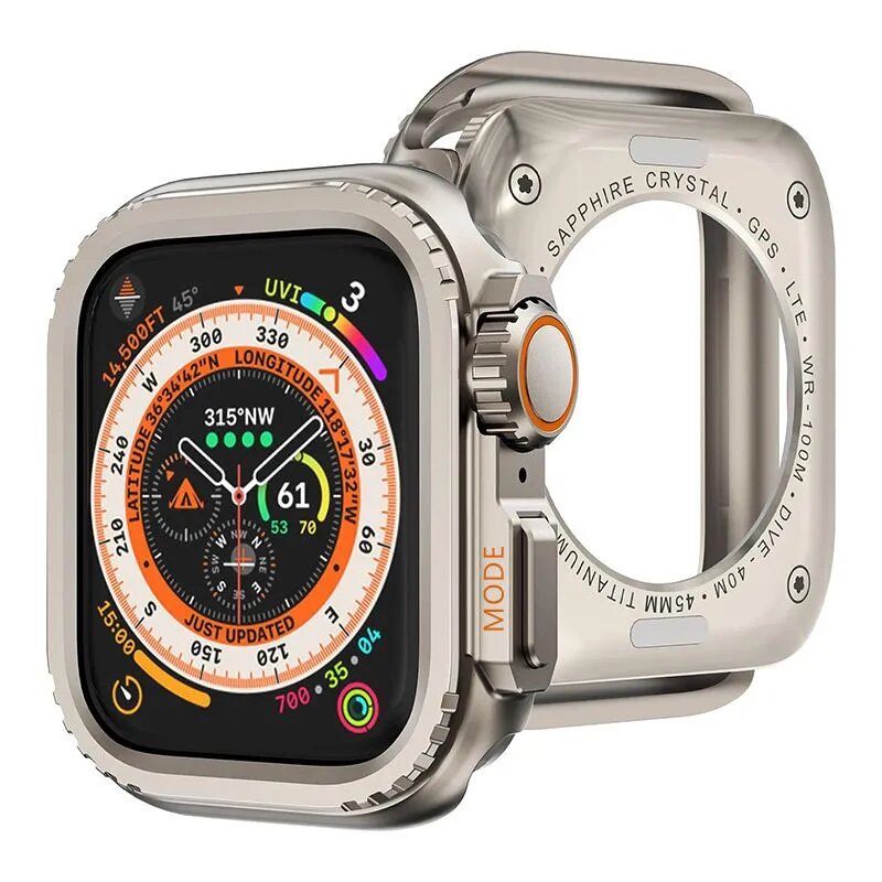 Металлический защитный чехол бампер Ultra для Apple Watch 4-9 и SE 44 мм, 45 мм с противоударными свойствами и функцией защитного экрана, мгновенно придаёт внешний вид Apple Ultra
