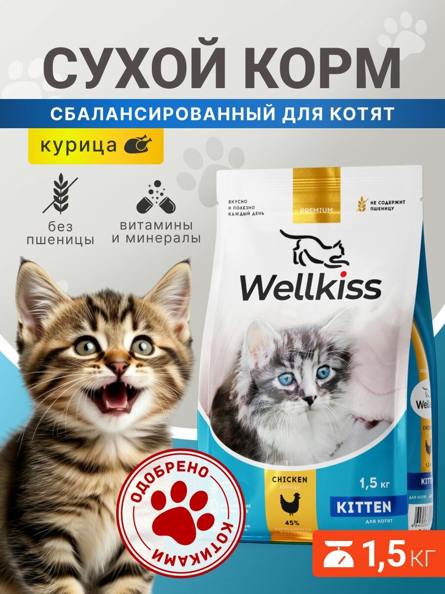 Wellkiss Kitten Сухой корм для котят, с курицей, 1,5 кг
