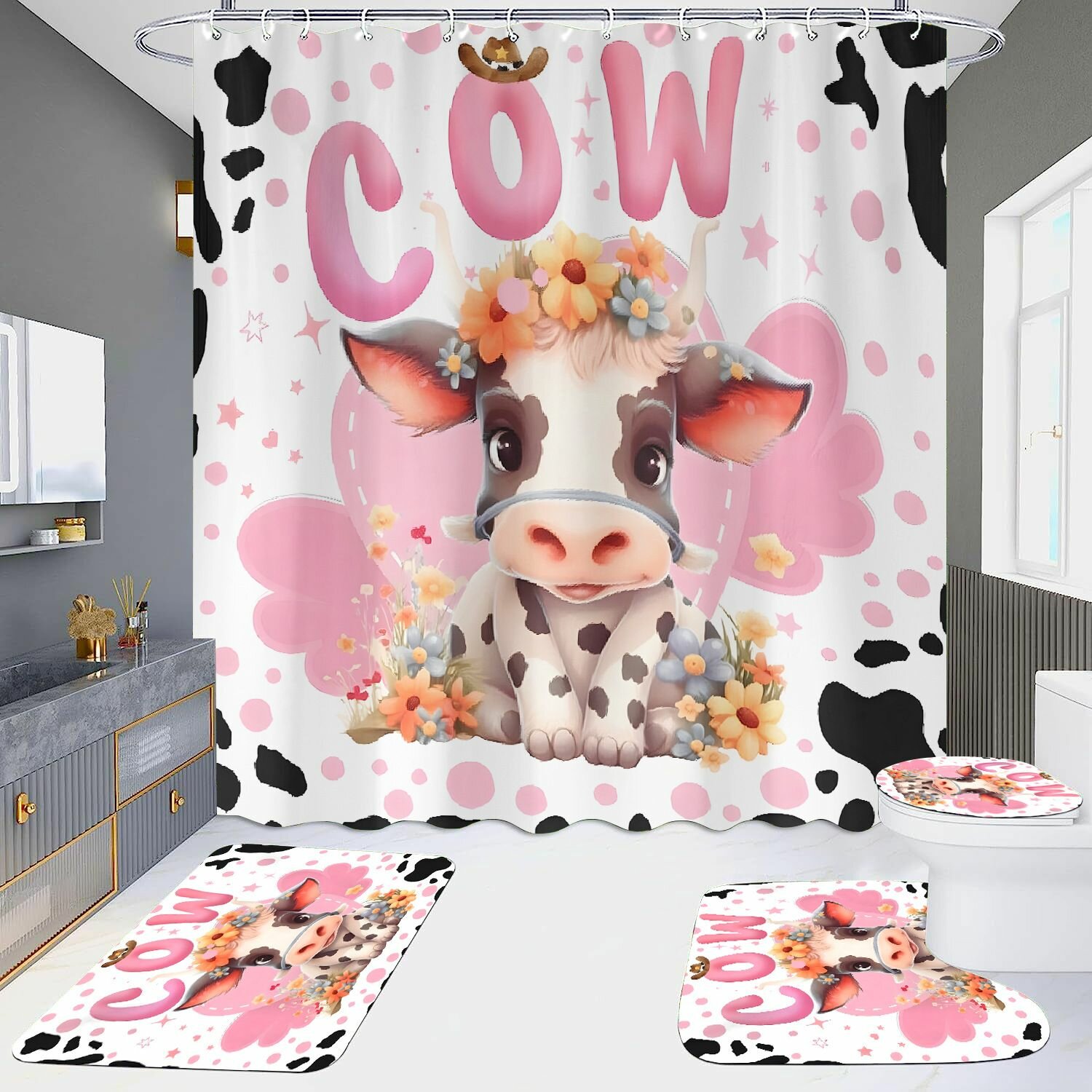 Занавеска для душа 4 в 1 с ковриками, крышкой для унитаза и ковриком для ванной, прочный набор для декора ванной комнаты